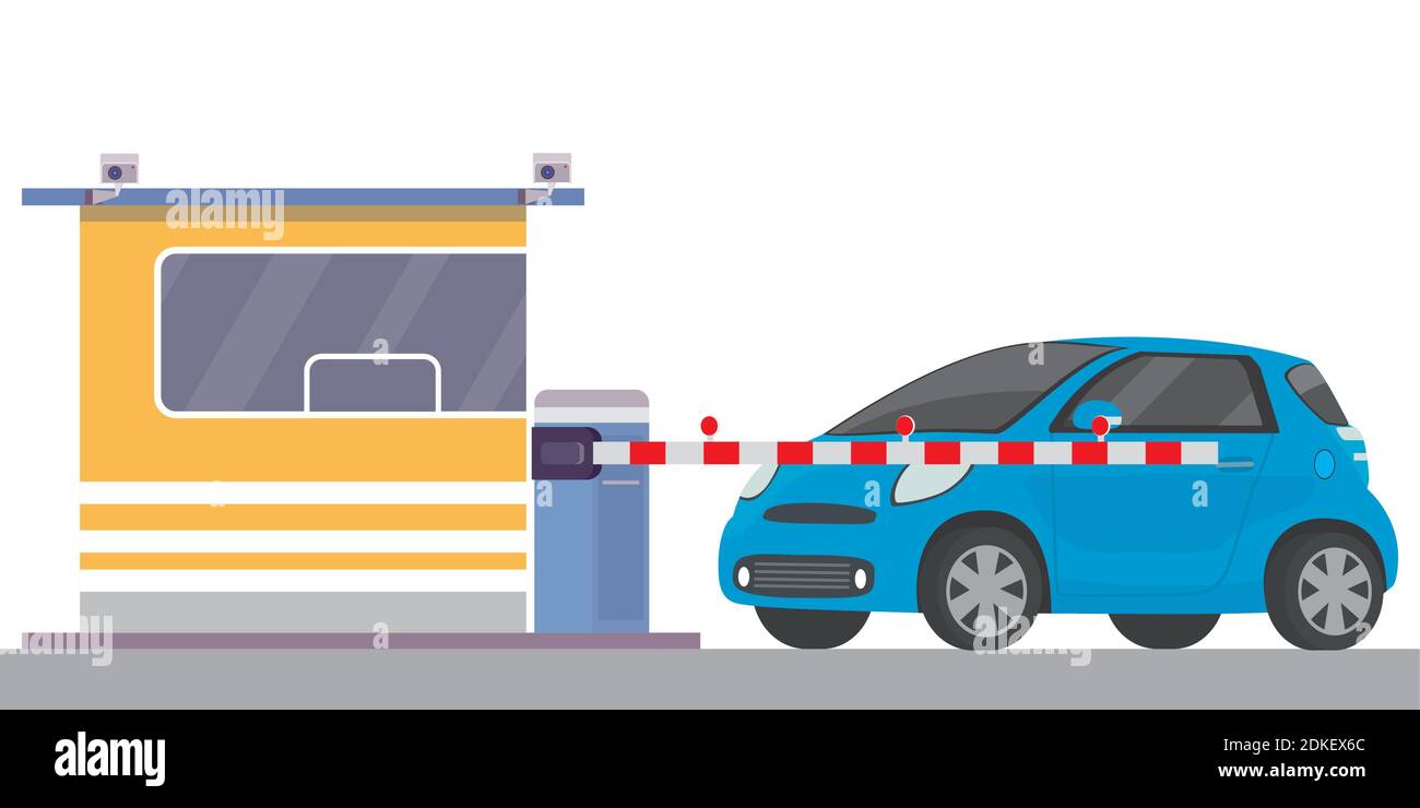 Security cabin,gate and blue car,entrance of parking,isolated on white ...