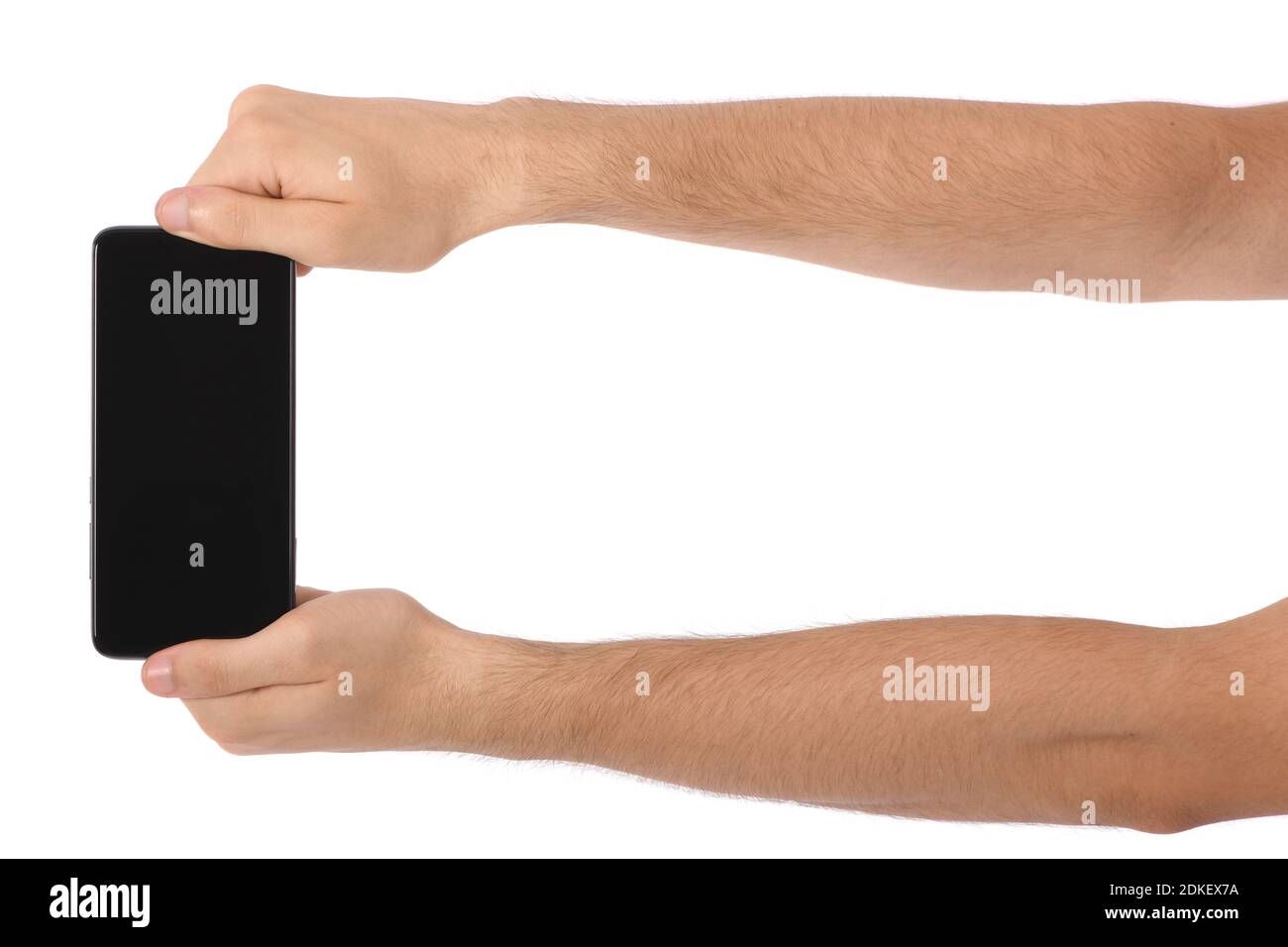 Man hand holding the black smartphone with blank screen. isolated on ...