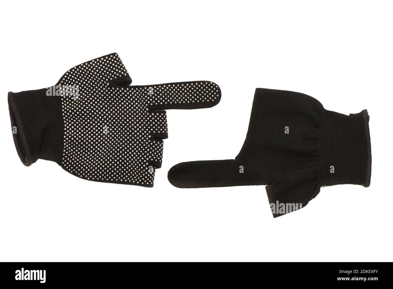 Black work gloves shows the index finger sign isolated on white ...