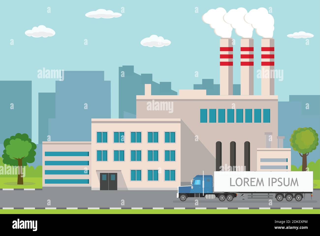 Industrial factory,city view on background,Delivery long truck on road ...