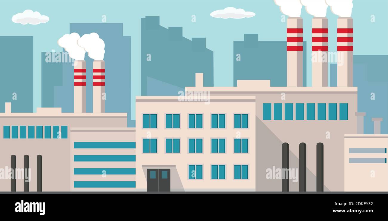 Industrial factory building,pipe with smoke,flat design style, vector ...