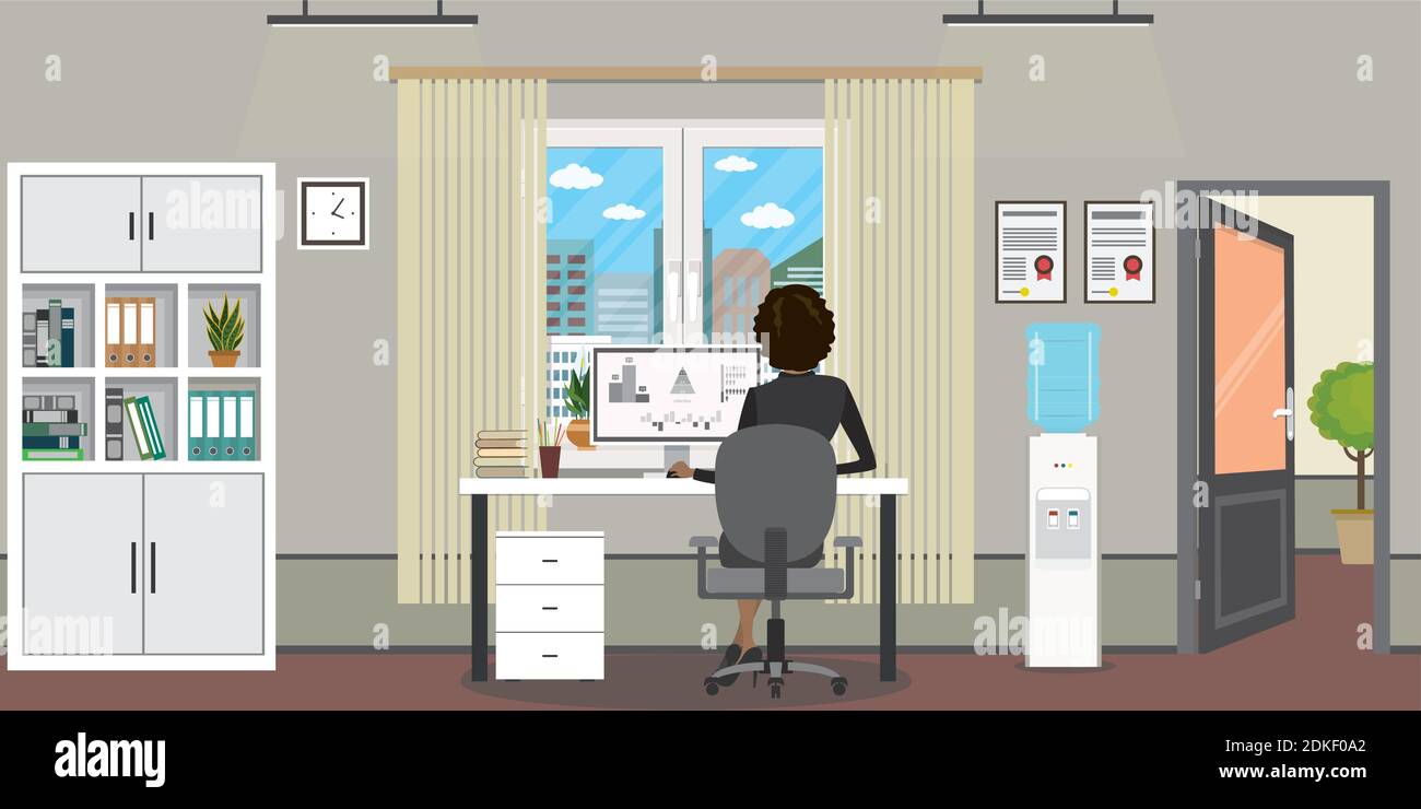 Office room with window,open door and modern furniture, female on ...