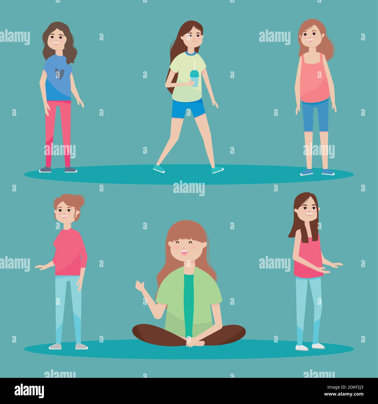 collection of cartoon women over turquoise background, colorful design ...