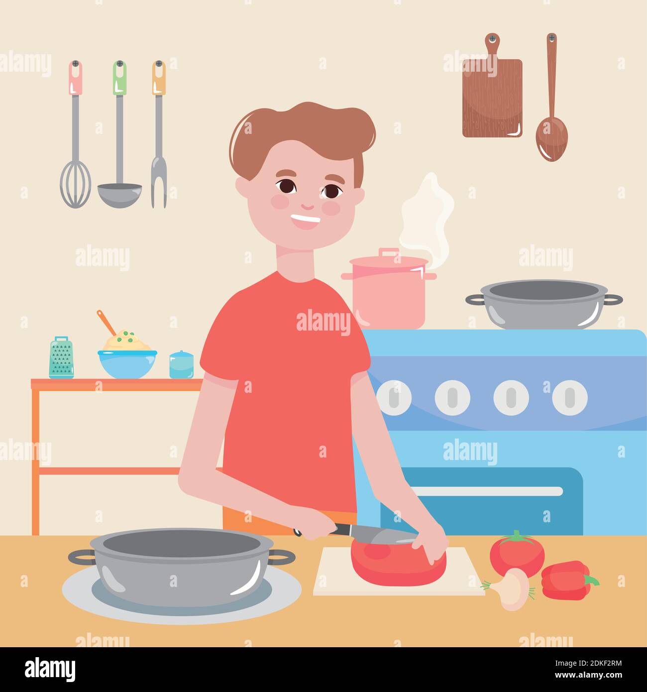 man in the kitchen chopping vegetables, colorful design, vector ...