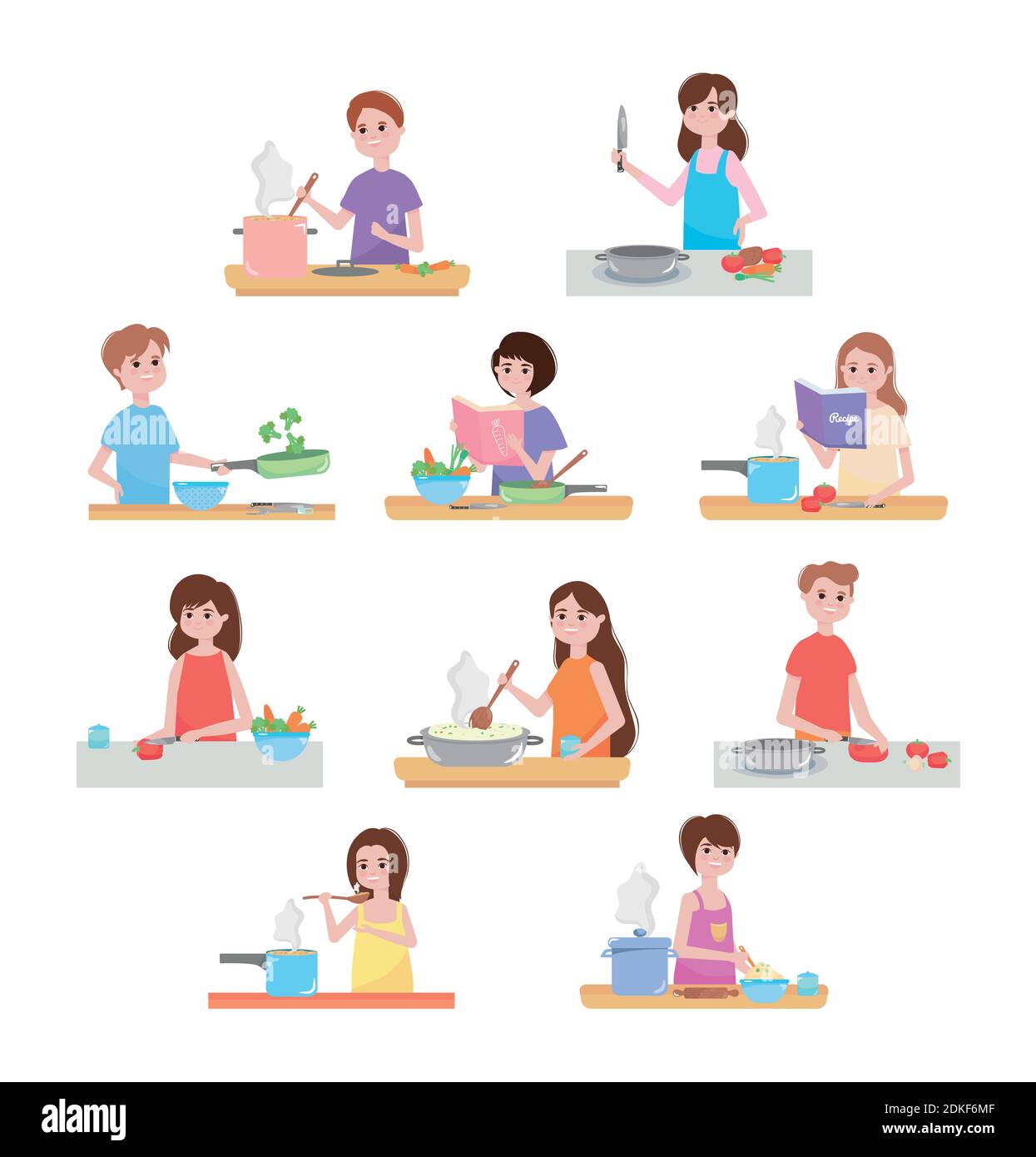 cartoon happy people cooking with kitchen elements around over white ...