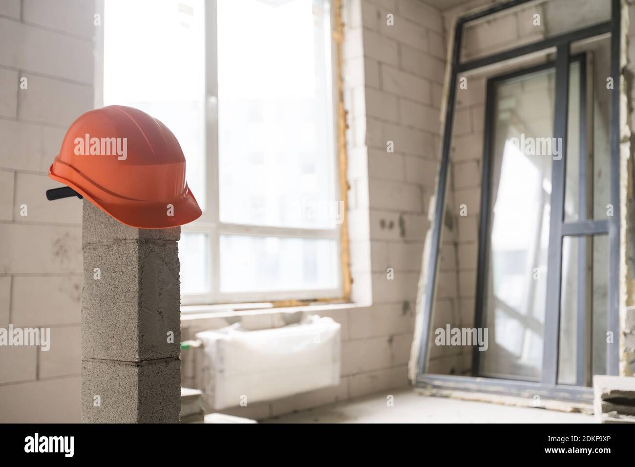 Wall smashed into debris room in apartment ready for renovation with ...