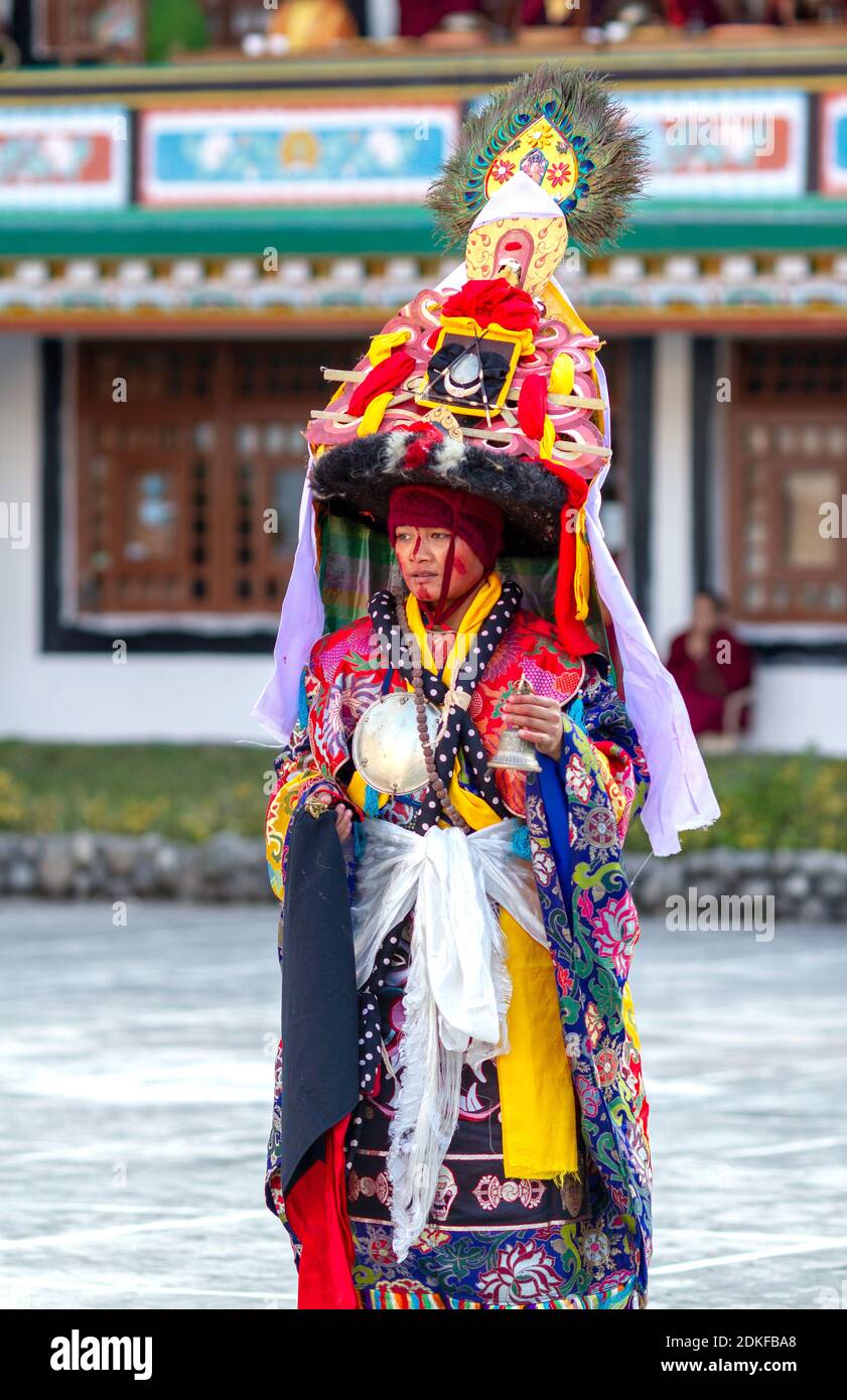 Lingdum, Sikkim, India - December 23, 2011: Lama in ritual costume and ...