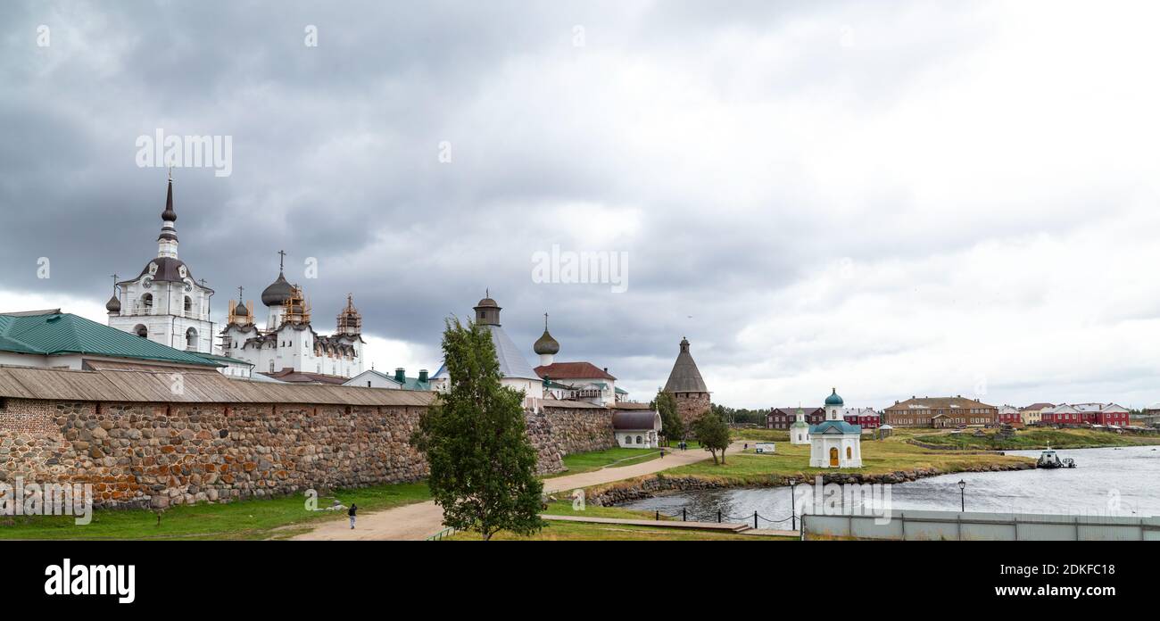Panorama of the Solovetsky monastery and sea bay in nasty summer day ...