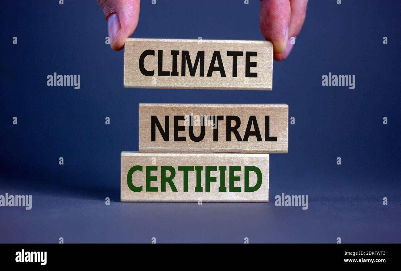 Climate neutral certified symbol. Wooden blocks with words 'Climate ...