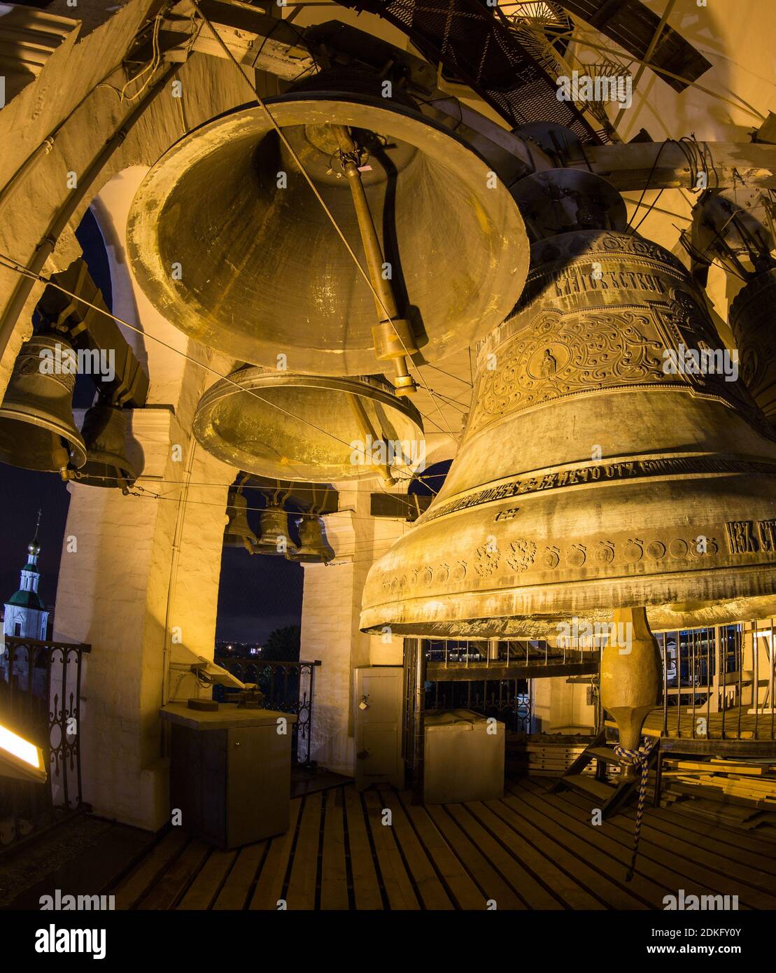 Night view of the historical bells at the Danilov monastery belfry in ...