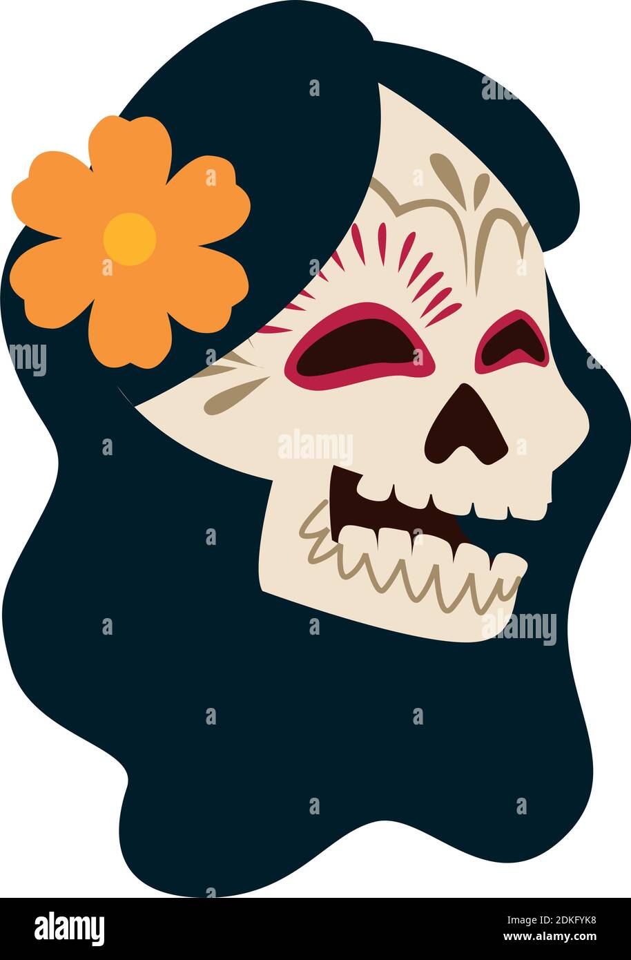traditional mexican katrina skull with flower and long hair head vector ...