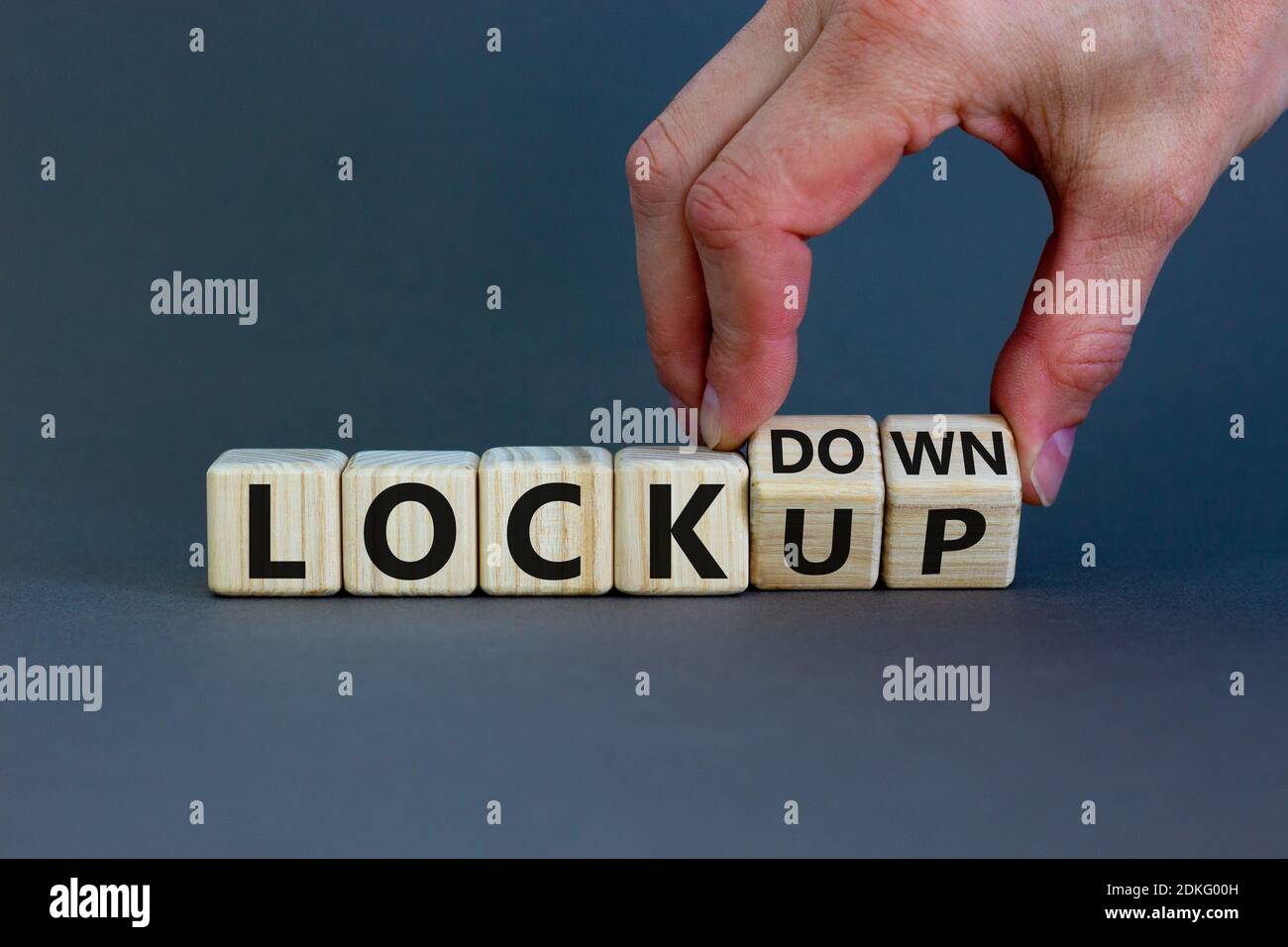 Lockdown or lockup symbol. Hand turns cubes and changes the word ...