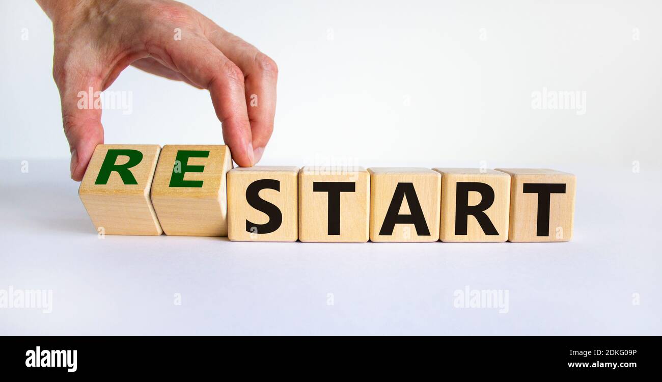 Restart symbol. Concept word 'restart' on cubes on a beautiful white ...