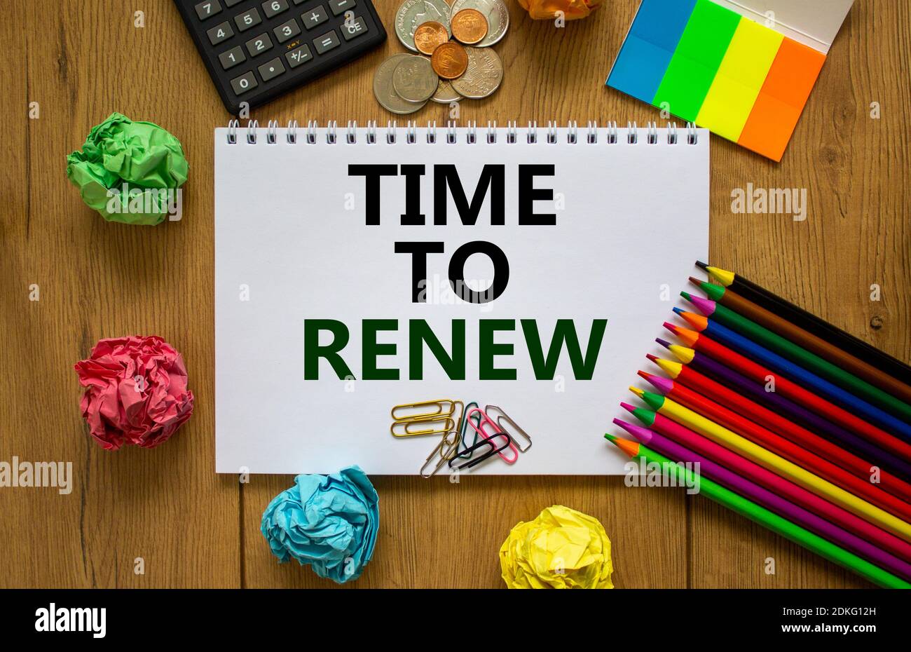 Tome to renew symbol. White note with words 'time to renew' on ...