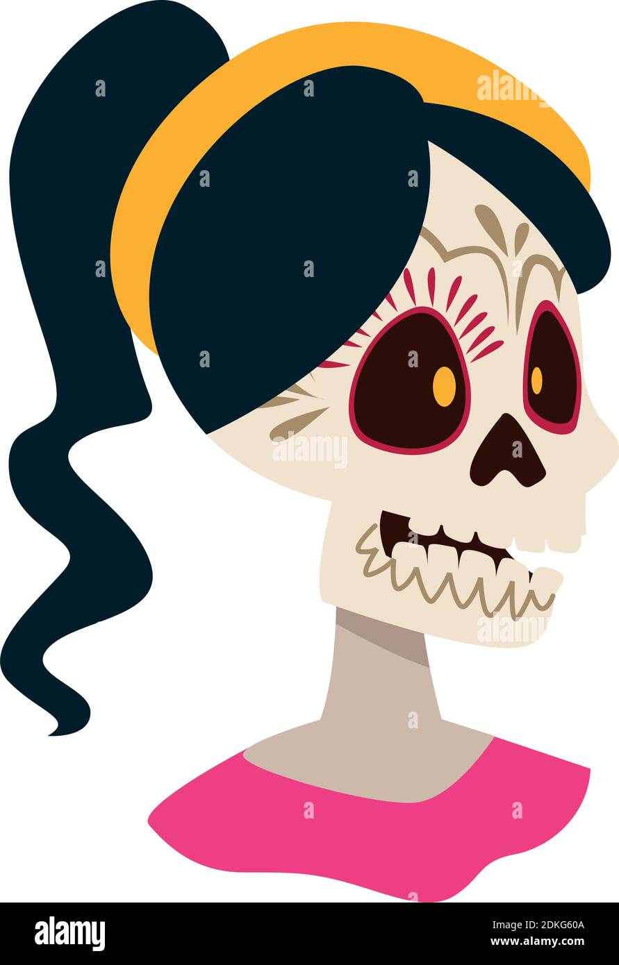 traditional mexican katrina skull with long hair head vector ...