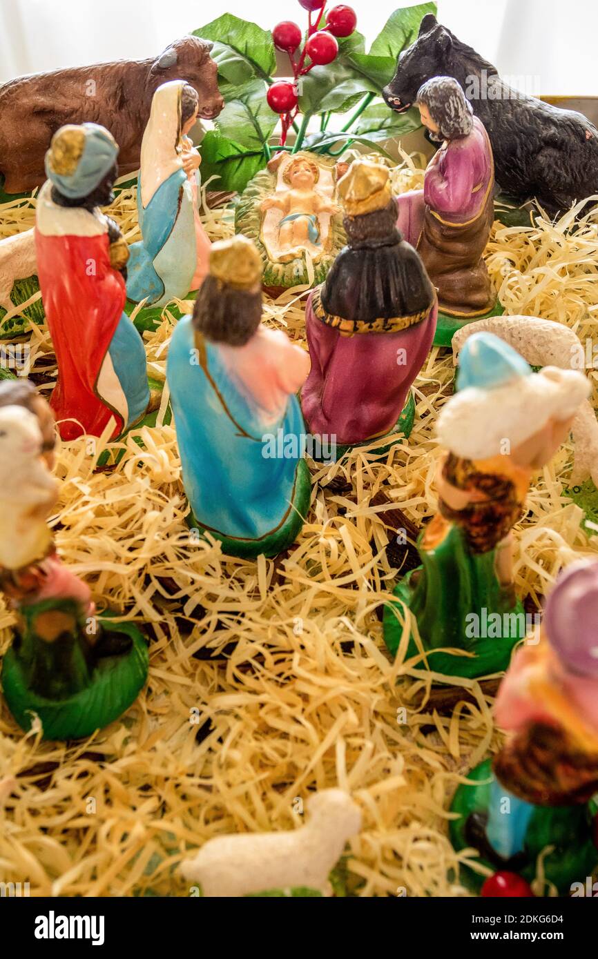 Small and simple Catholic crib made with plaster and straw in central ...