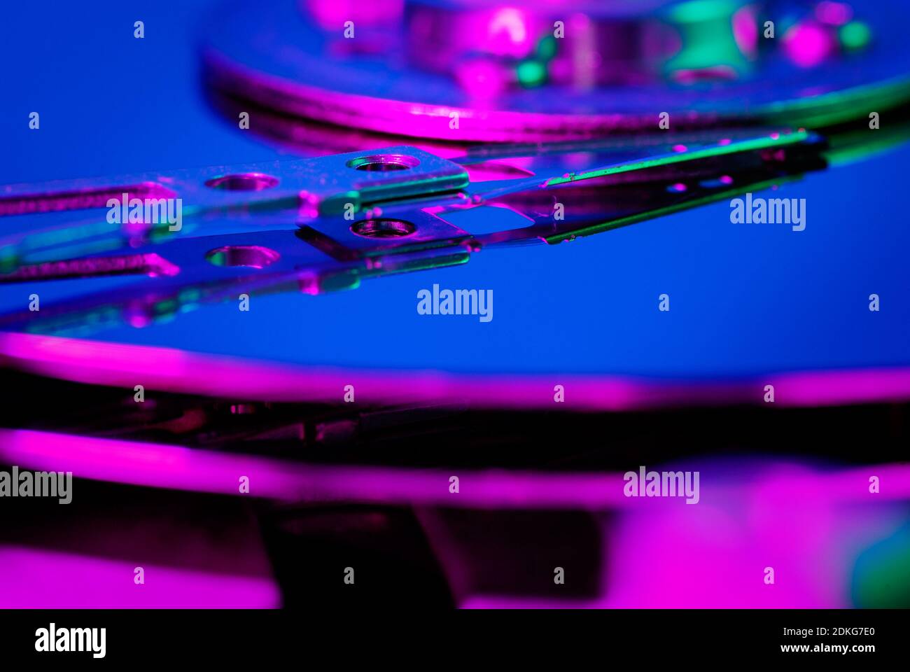 Inside of hard disk drive, macro view. Different light sources (colors ...