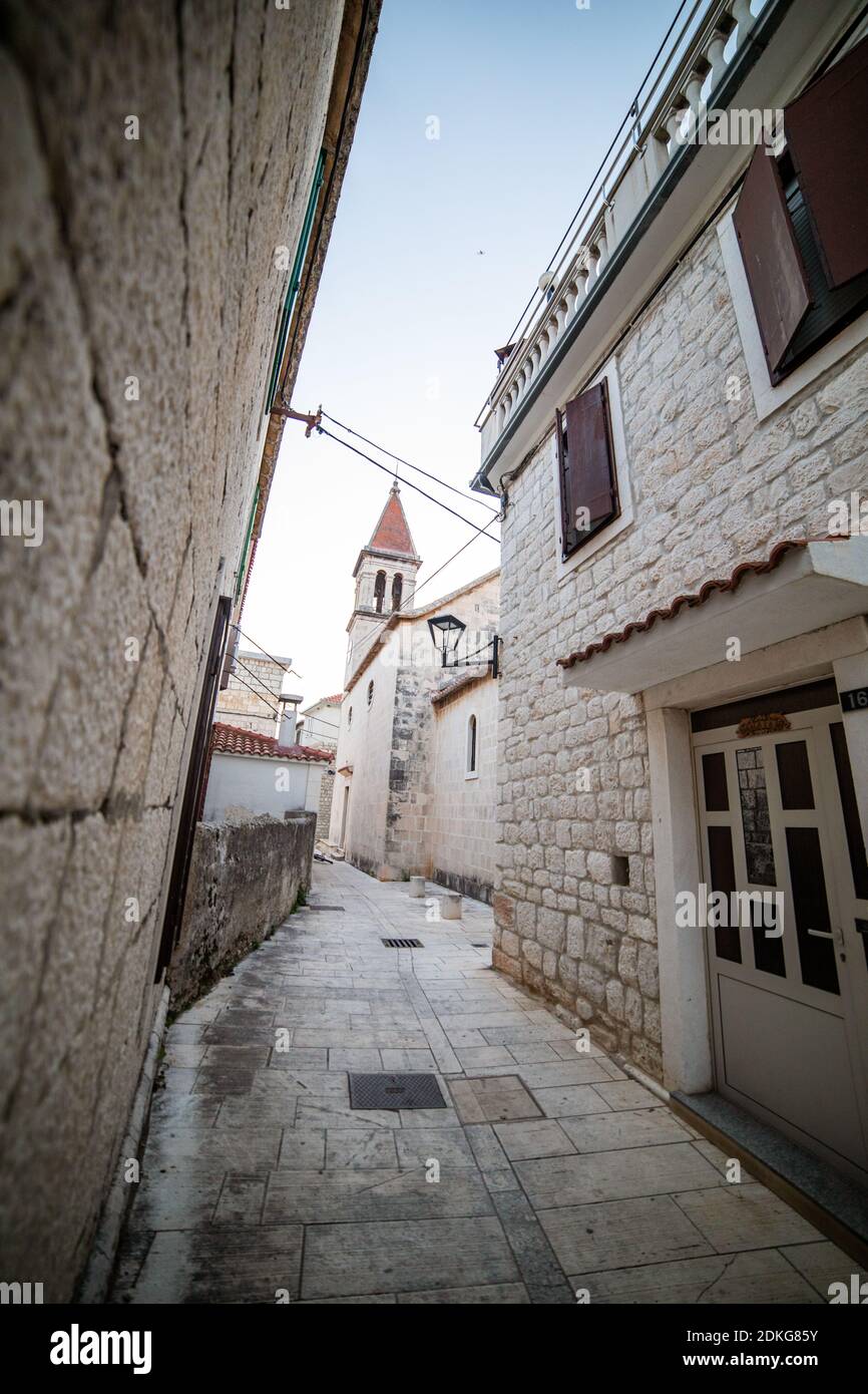 The old town of Seget Donji in Croatia. You can see the church tower of ...
