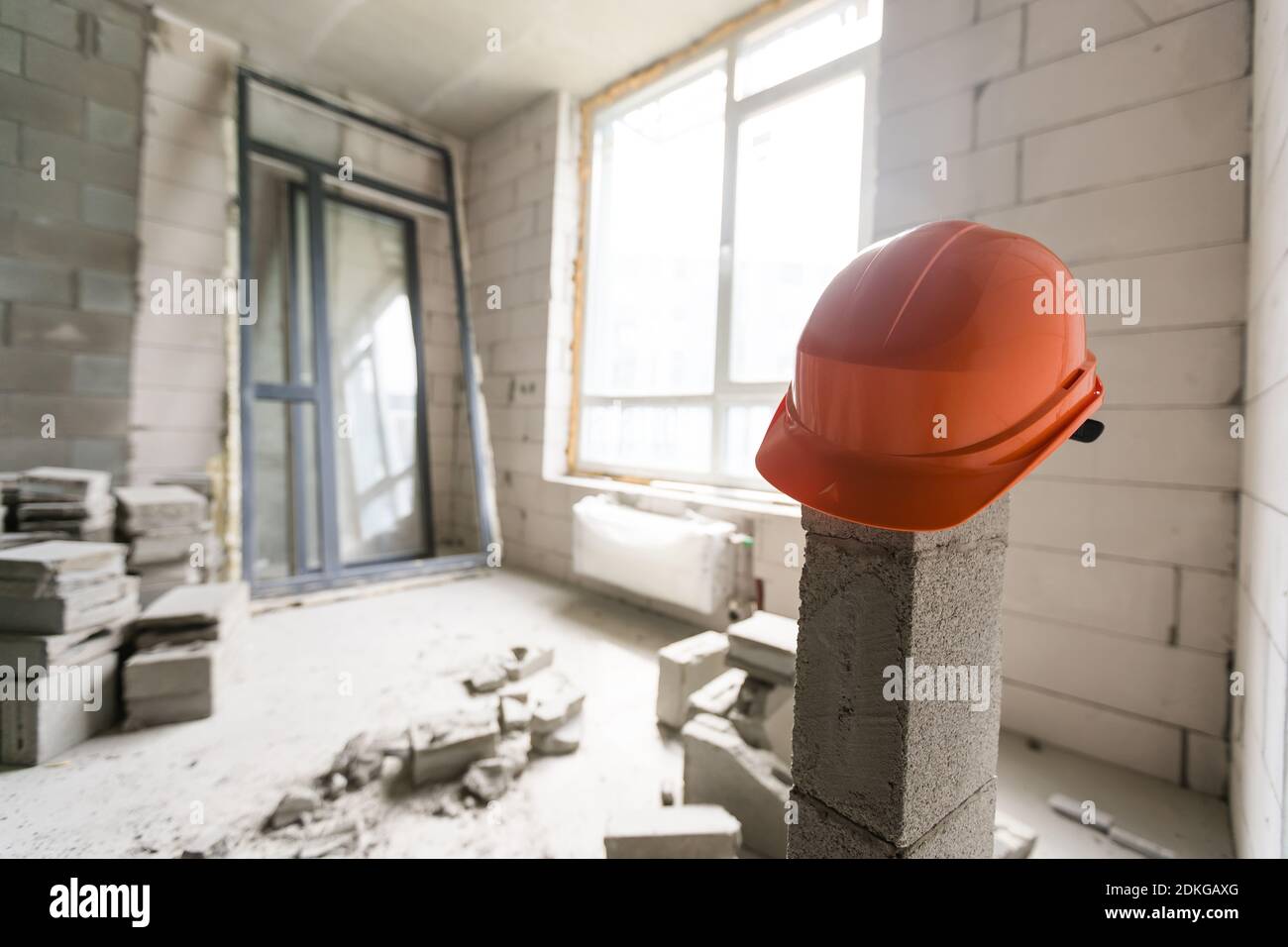 Wall smashed into debris room in apartment ready for renovation with ...