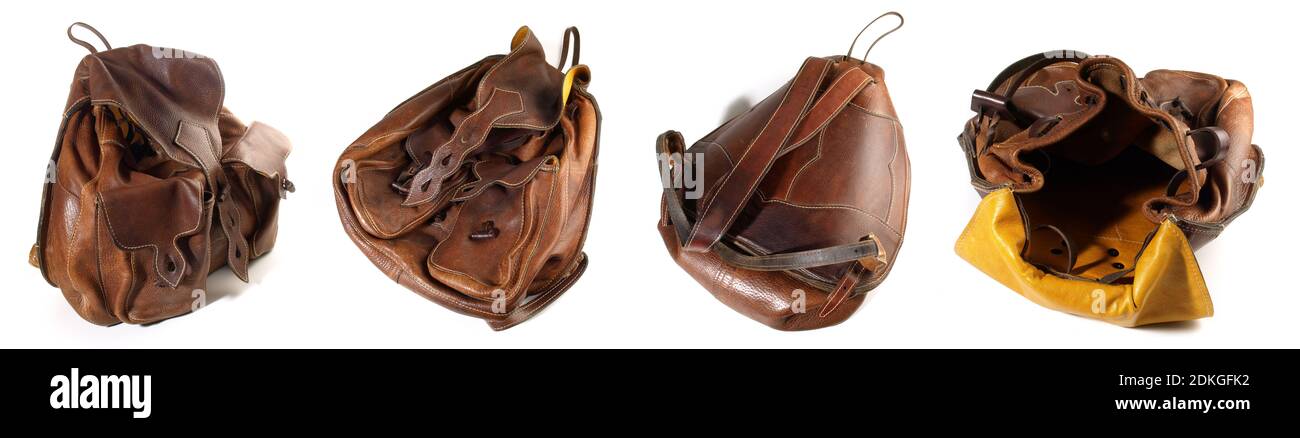 Old Leather Backpack Panorama isolated on white Background Stock Photo ...