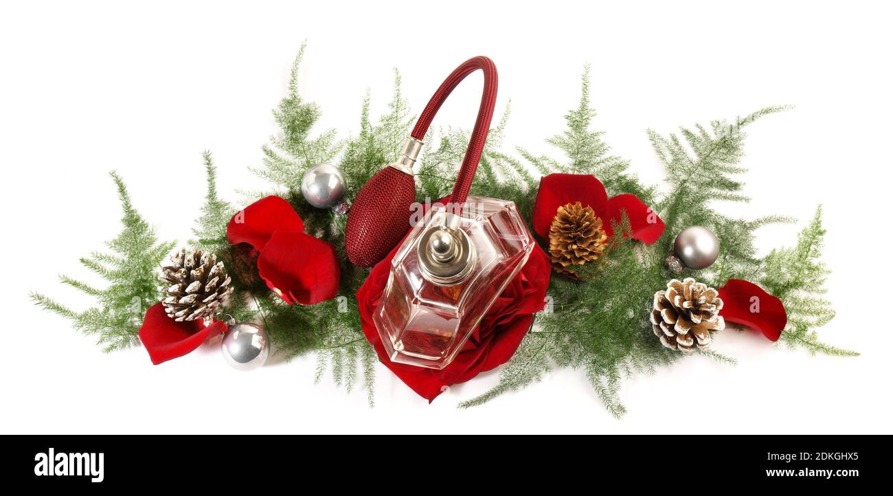 Christmas Present Perfume Panorama isolated on white Background Stock ...