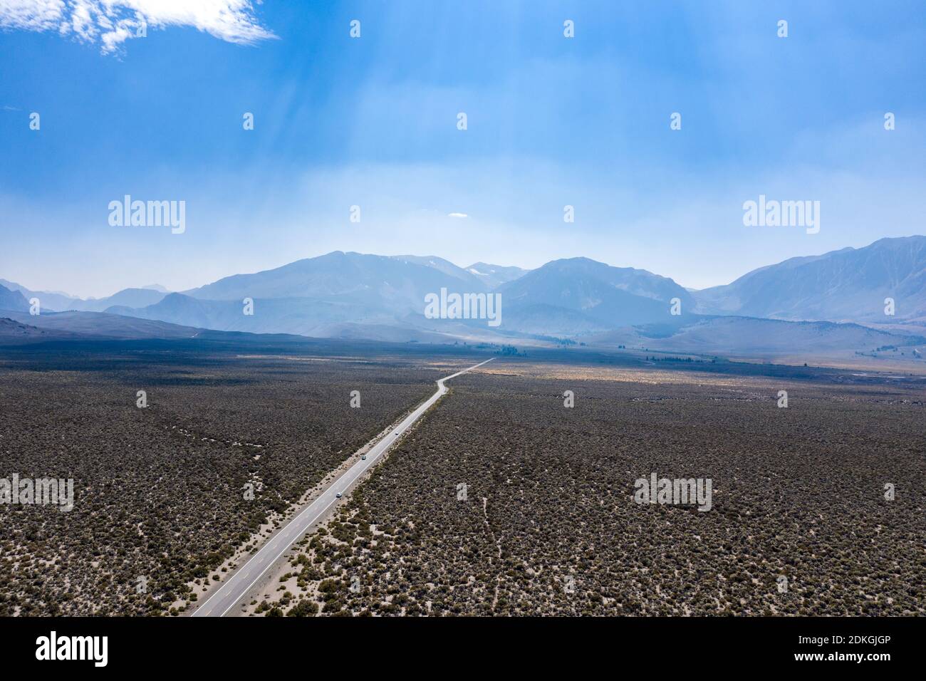 Aerial view of the dry desert landscape around Mono Lake in California ...
