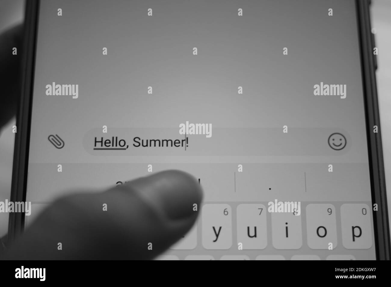 hand typing on a white smartphone a message Hello,Summer Stock Photo ...