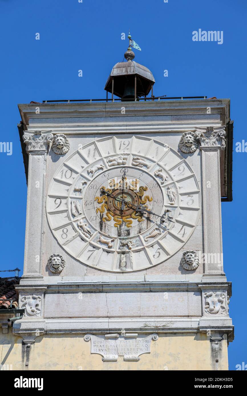 Italy, Veneto, Belluno, Dolomites, detail of the Clock Tower of Palazzo ...