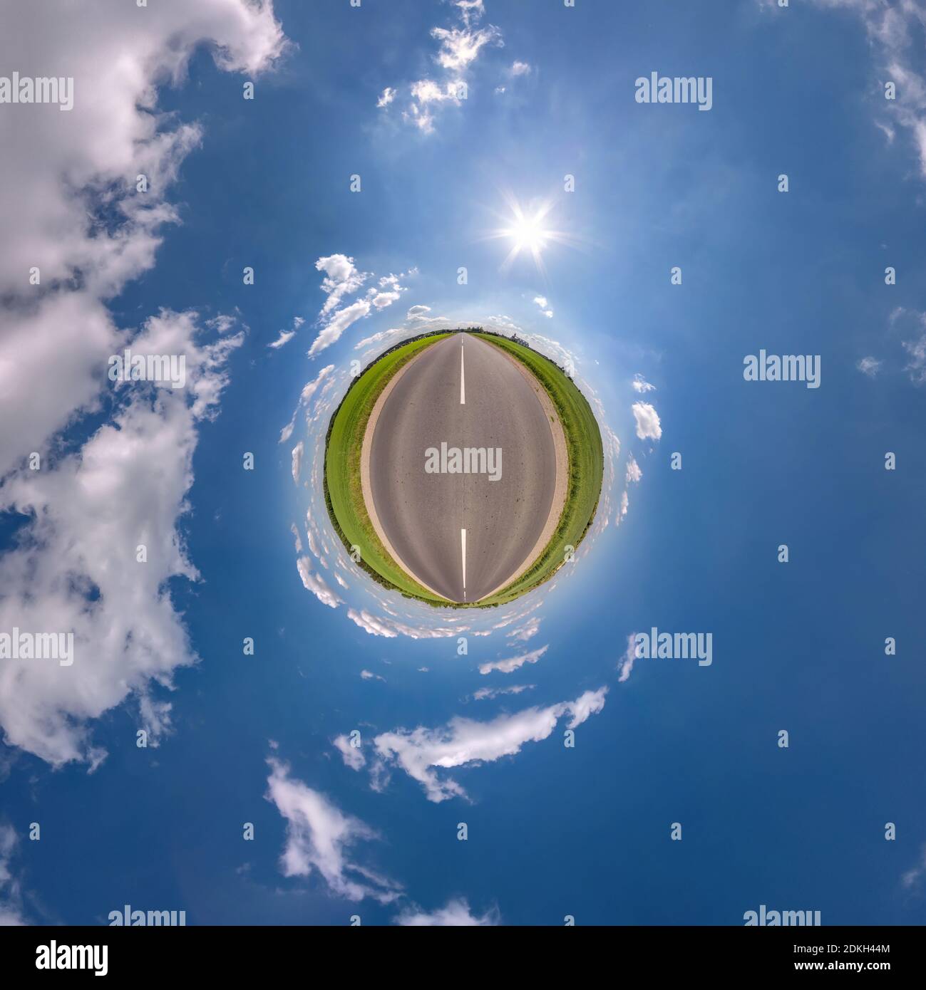 tiny planet in blue sky with sun and beautiful clouds. Transformation ...