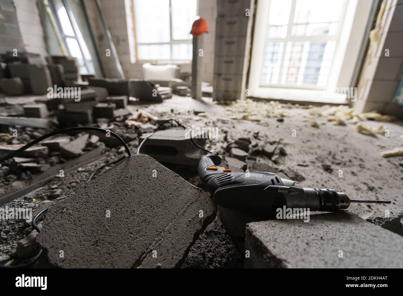 Wall smashed into debris room in apartment ready for renovation with ...