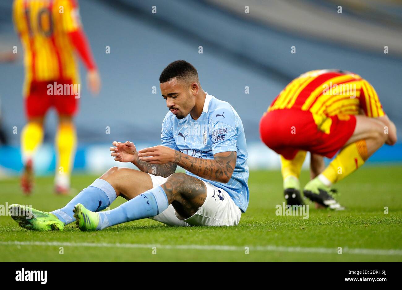 Manchester City's Gabriel Jesus after being hit in the face during the ...