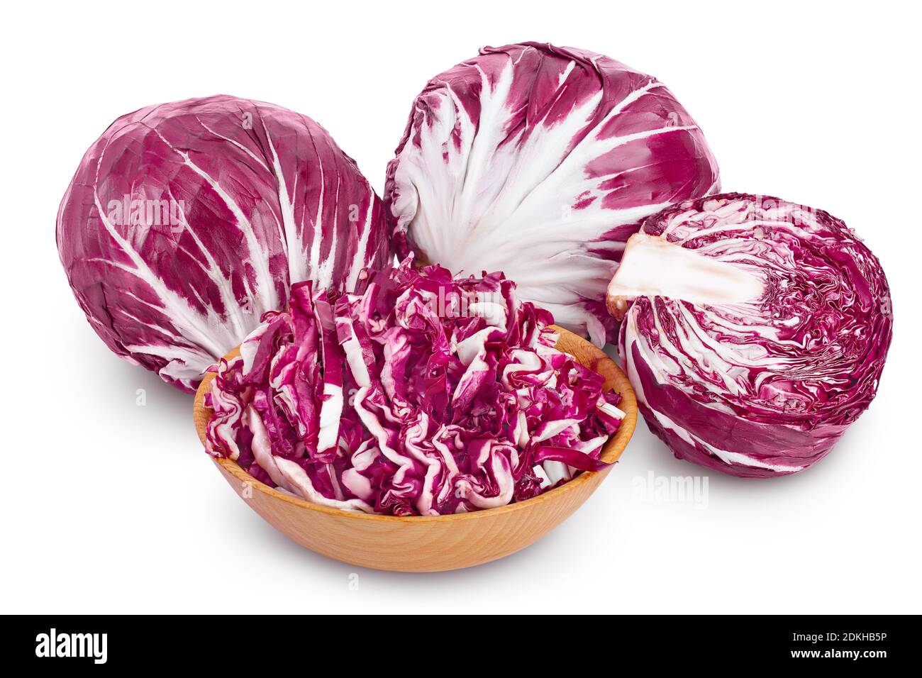 Fresh red radicchio salad in wooden bowl isolated on white background ...