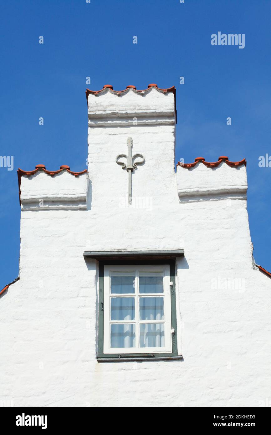 White gabled house at the half tower, Luebeck, Schleswig-Holstein ...