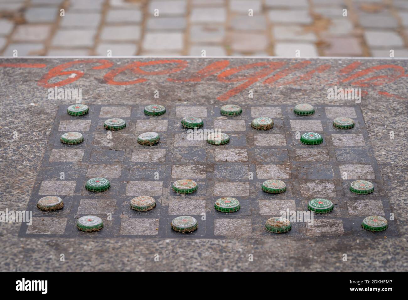 Paris, France - 12 12 2020: Public checkers and chess table at the ...