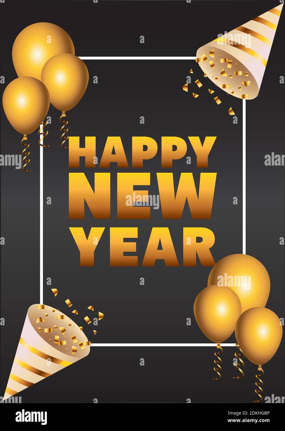 happy new year lettering card with cornets and balloons helium golden ...