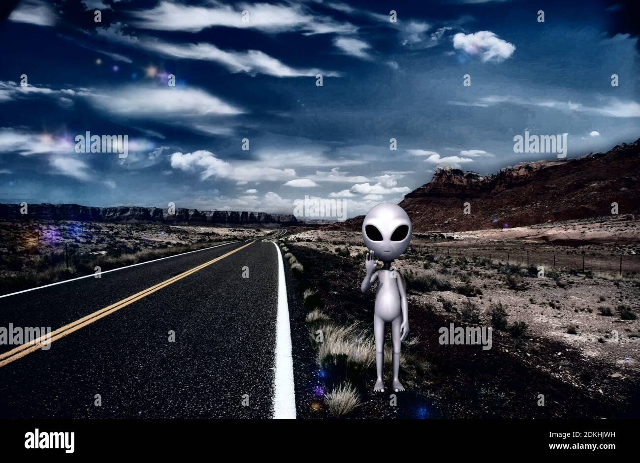 Alien stands on highway. Scifi art. 3d rendering Stock Photo - Alamy