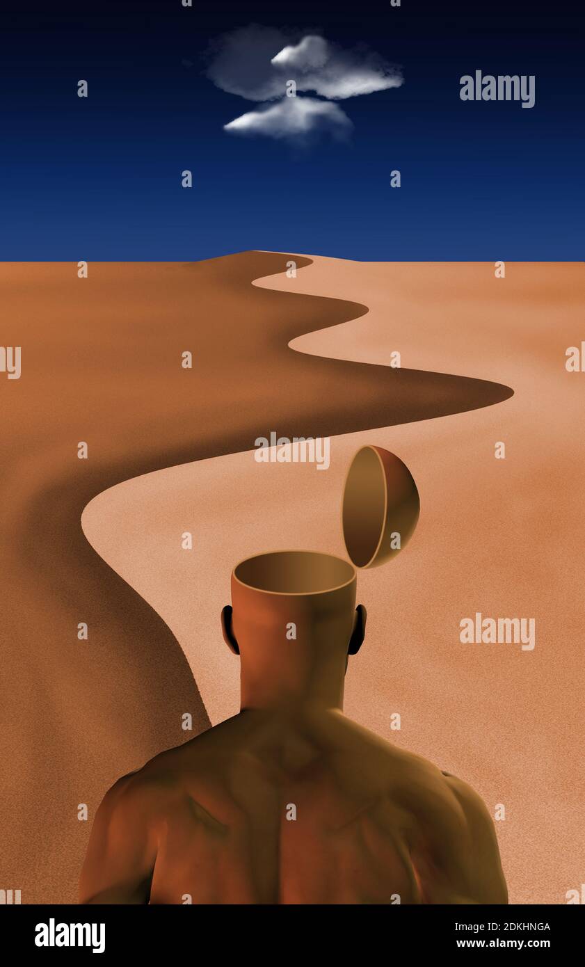 Man with open head in abstract desert. Surrealism. 3d rendering Stock ...