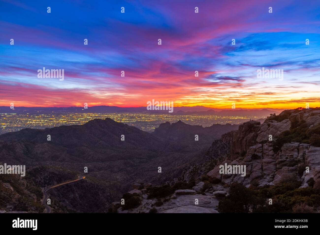 Tucson Arizona as seen from above with the colors of sunset in the ...