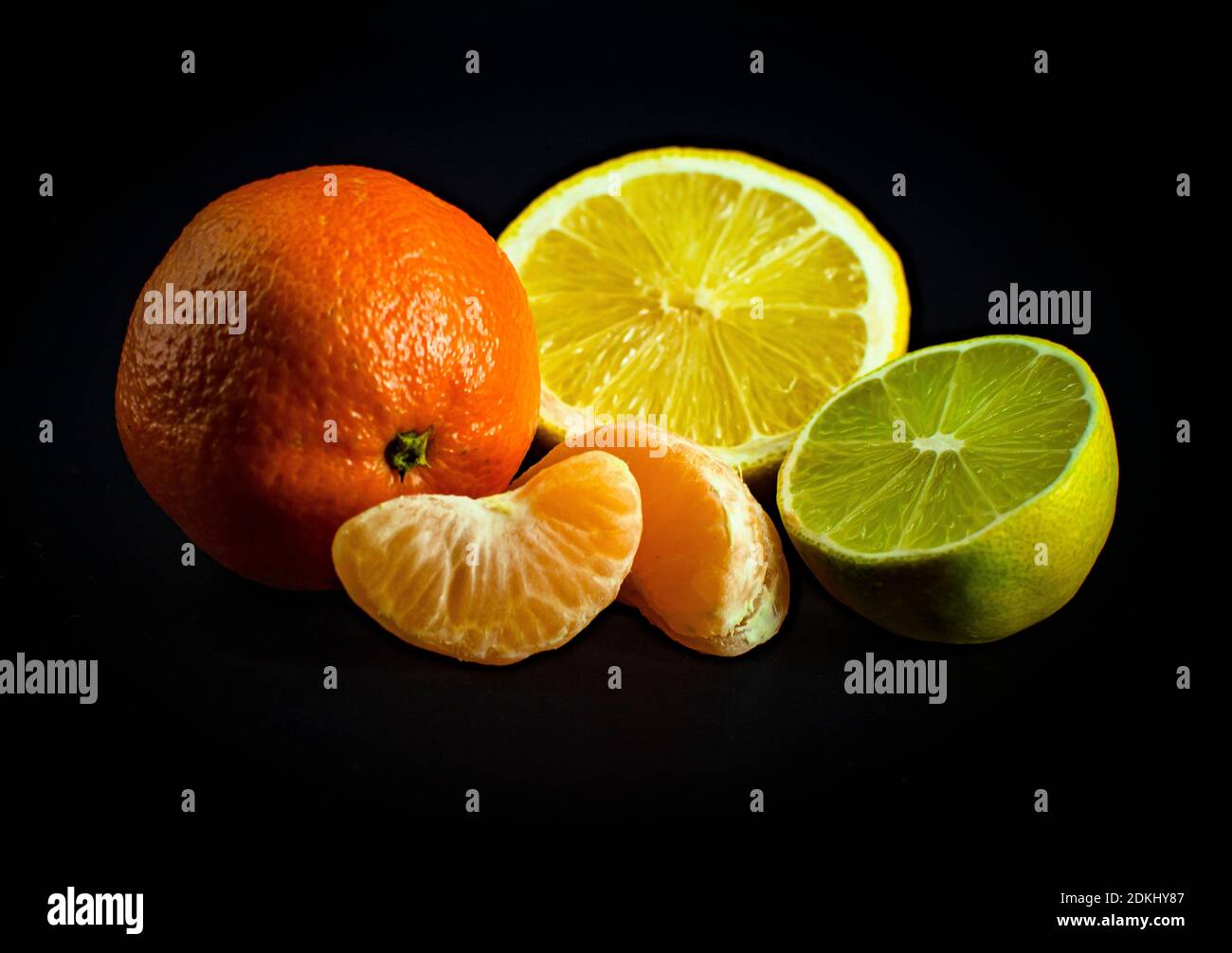 Citruses, Lemon, Lime, Tangerine isolated on black. Vitamin C. Lemonade ...