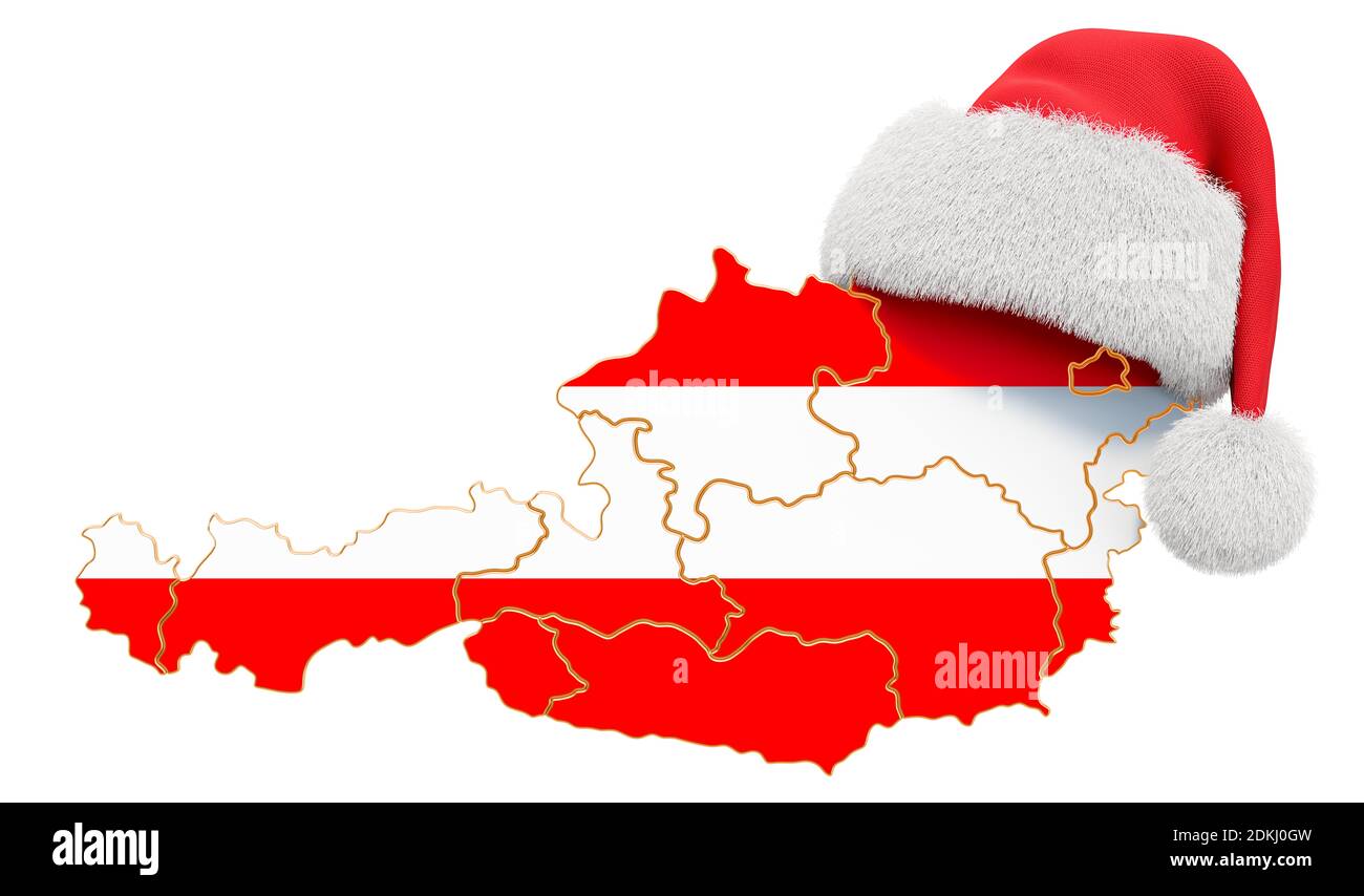 Austrian map with red Santa hat. New Year and Christmas holidays ...