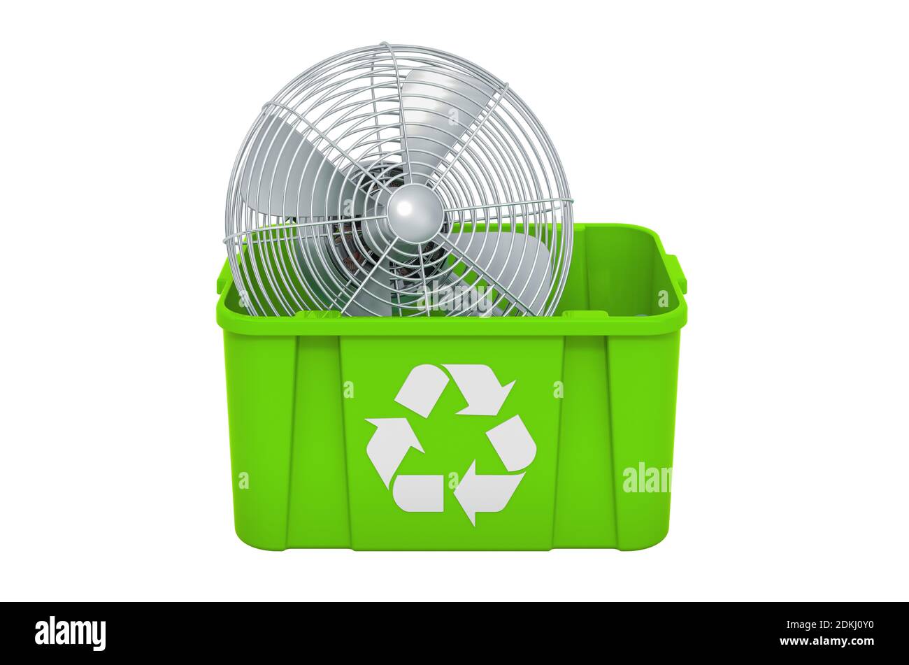 Recycling trashcan with table fan, 3D rendering isolated on white ...