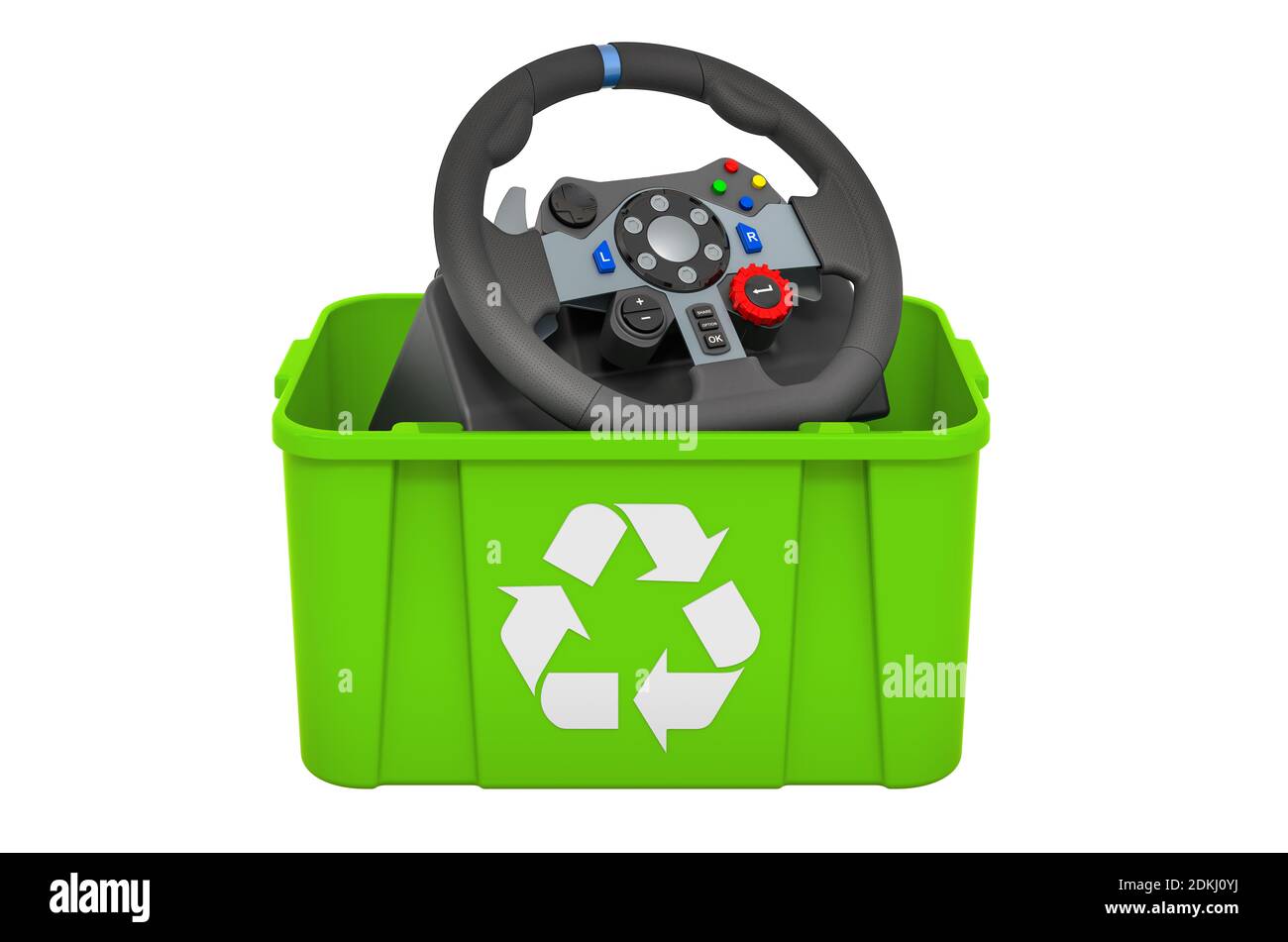 Recycling trashcan with gaming steering wheel, 3D rendering isolated on ...