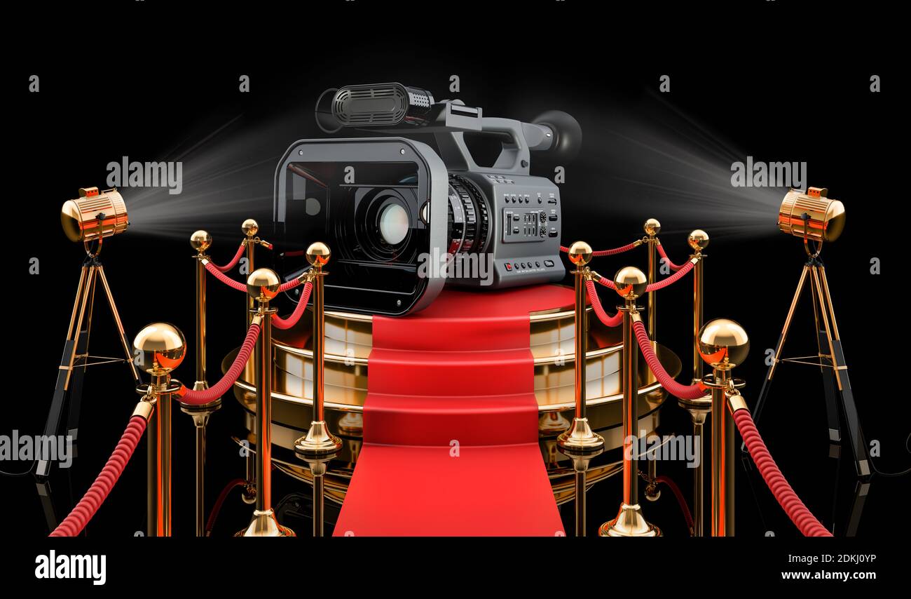 Podium with professional video camera, 3D rendering isolated on black ...