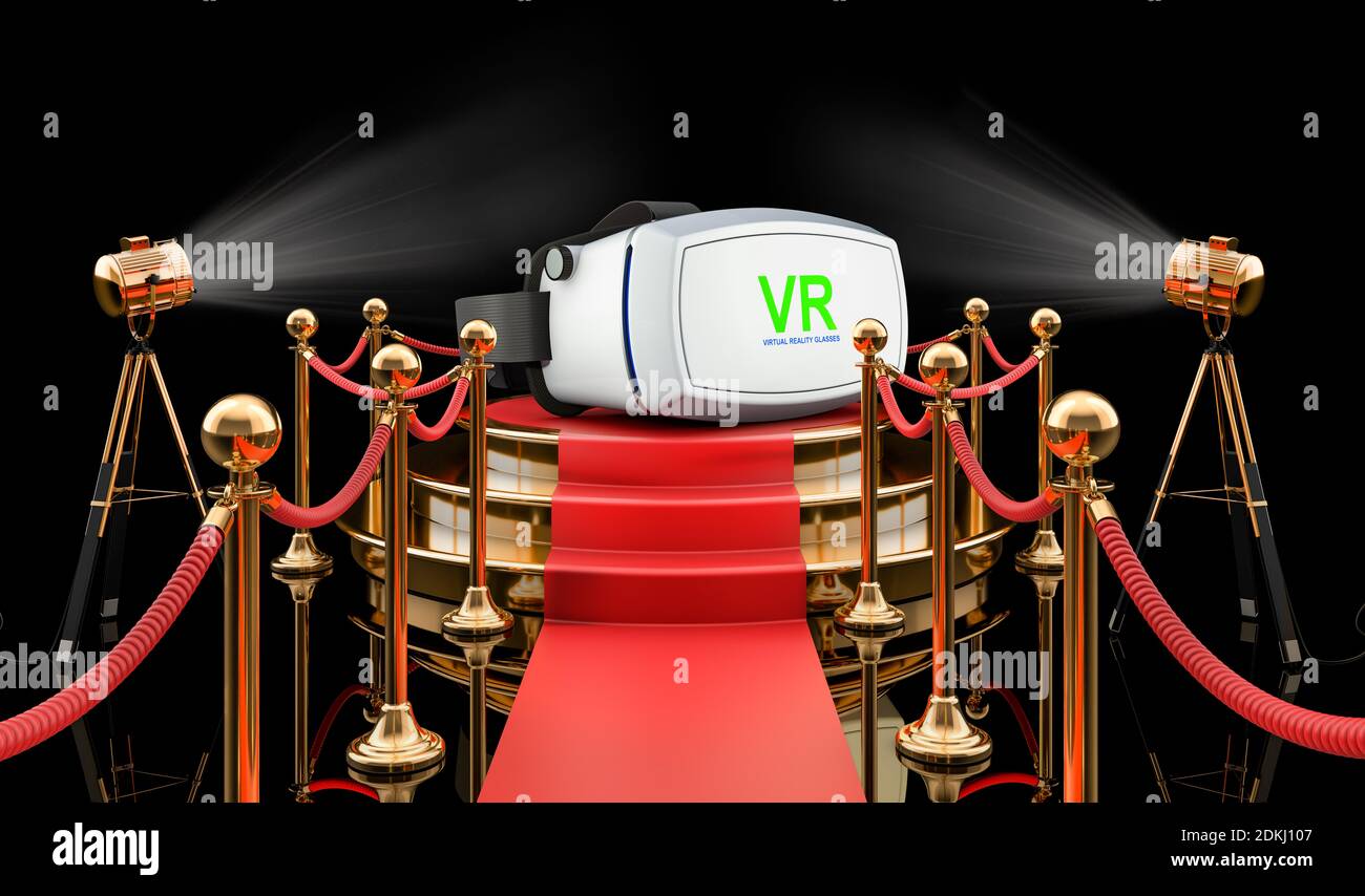 Podium with virtual reality glasses VR, 3D rendering isolated on black ...
