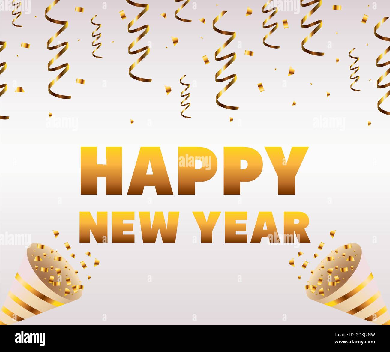 happy new year lettering card with golden cornets and confetti vector ...