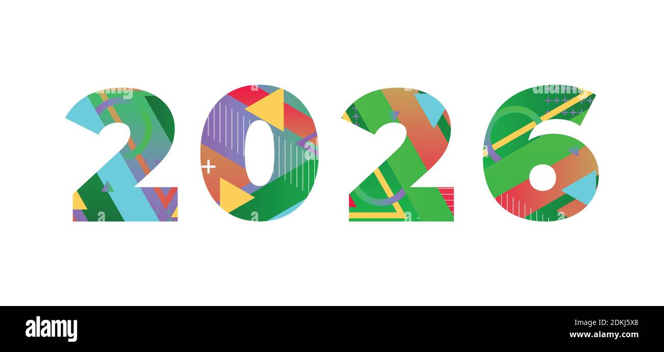 The year 2026 concept written in colorful retro shapes and colors ...