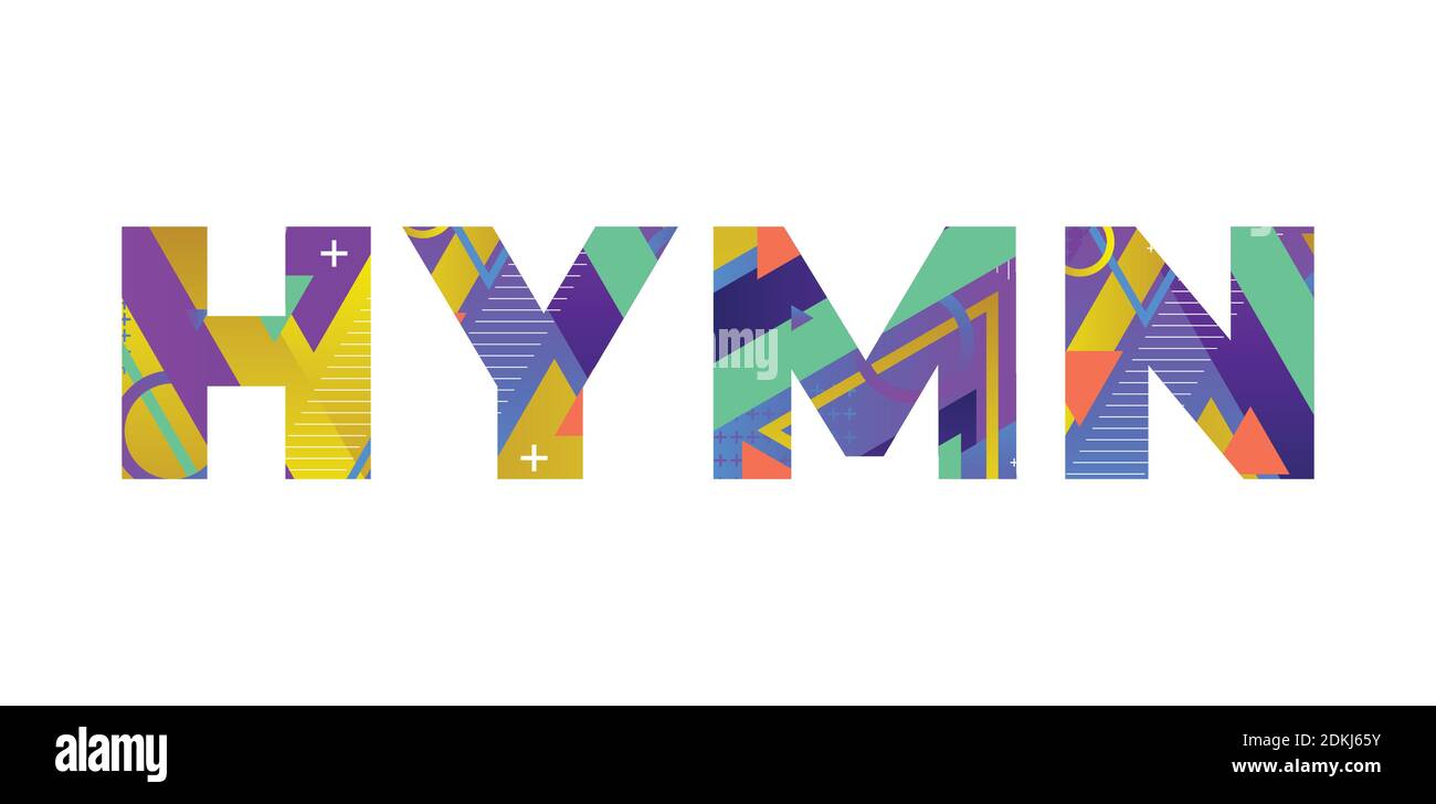 The word HYMN concept written in colorful retro shapes and colors ...