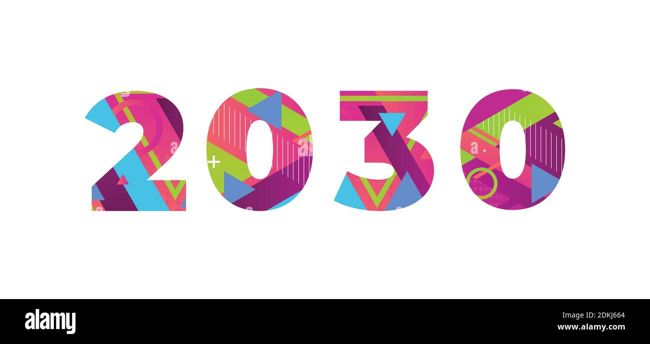 The year 2030 concept written in colorful retro shapes and colors ...
