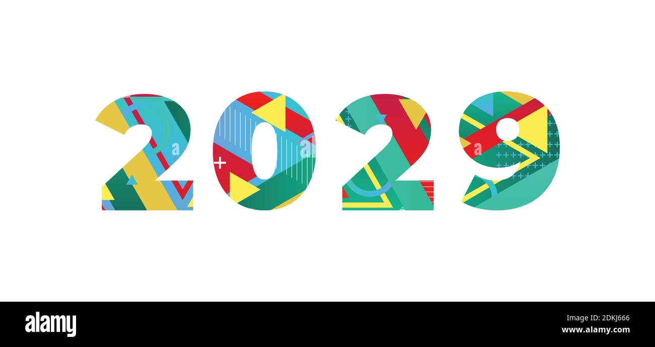The year 2029 concept written in colorful retro shapes and colors ...