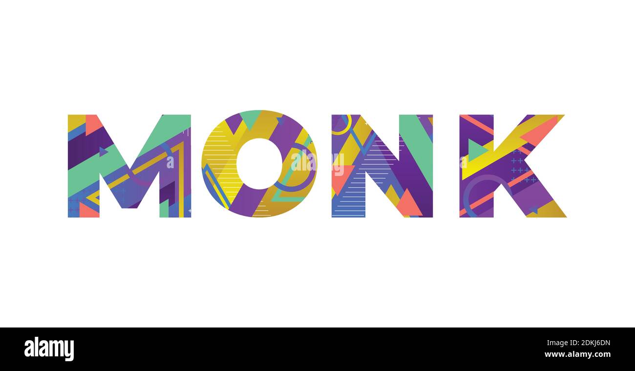 The word MONK concept written in colorful retro shapes and colors ...